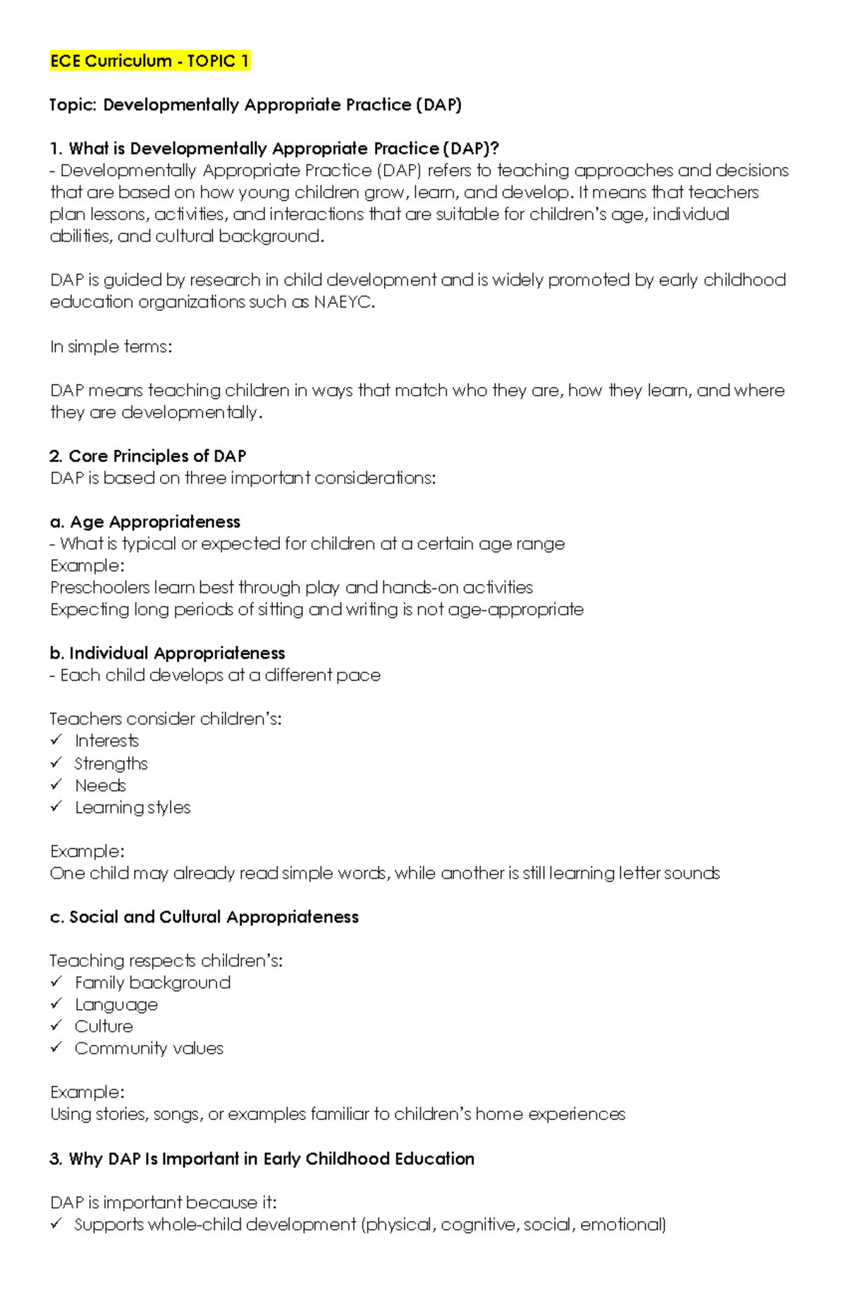 ECE Curriculum Study: Developmentally Appropriate Practice (DAP) - Studocu