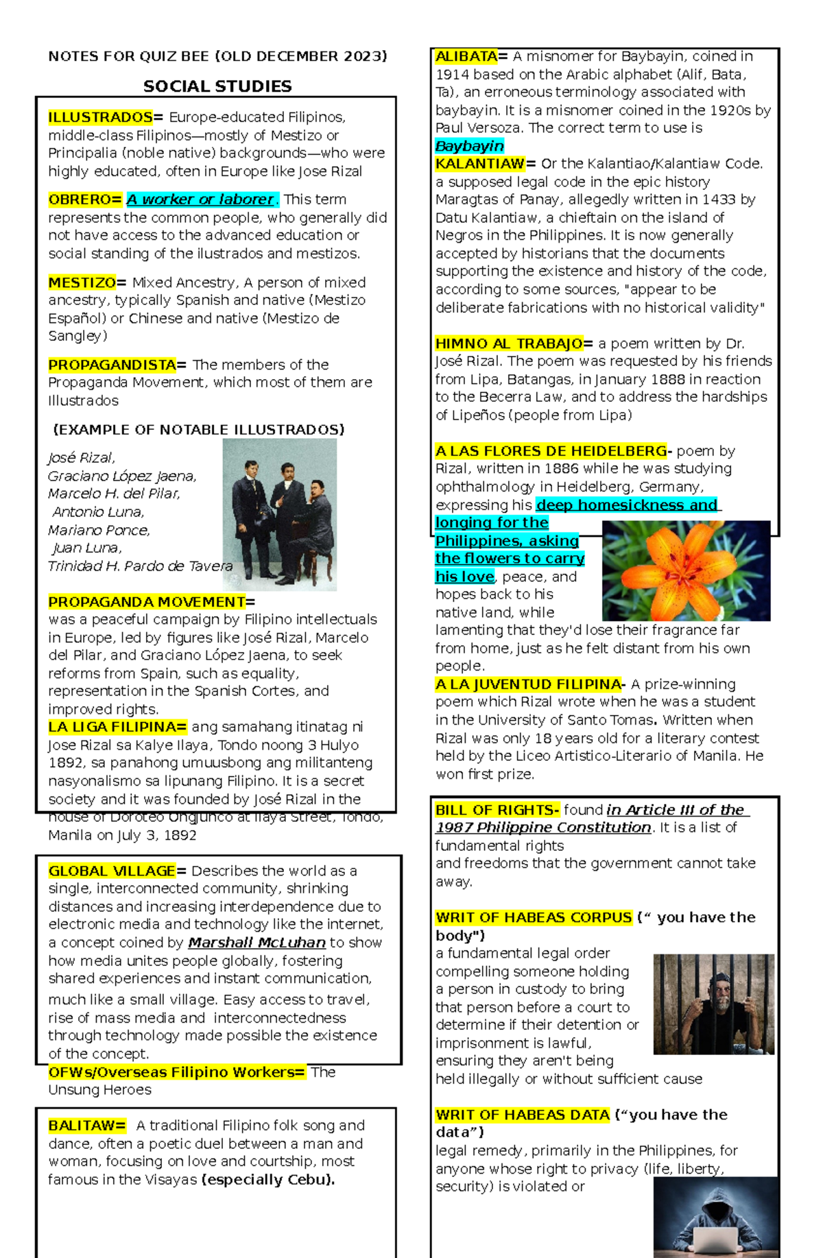 NOTES FOR QUIZ BEE - SOCIAL STUDIES (DECEMBER 2023) - Studocu