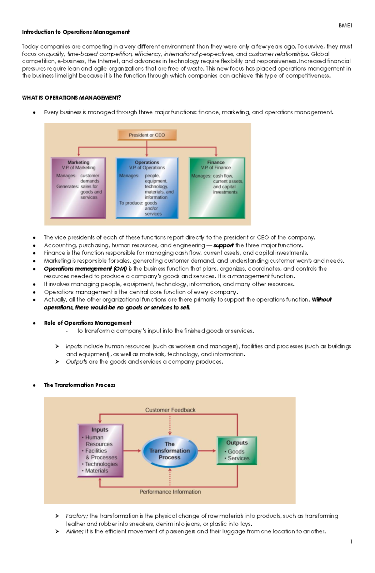 BME1 Final Exam Study Notes: Introduction to Operations Management ...