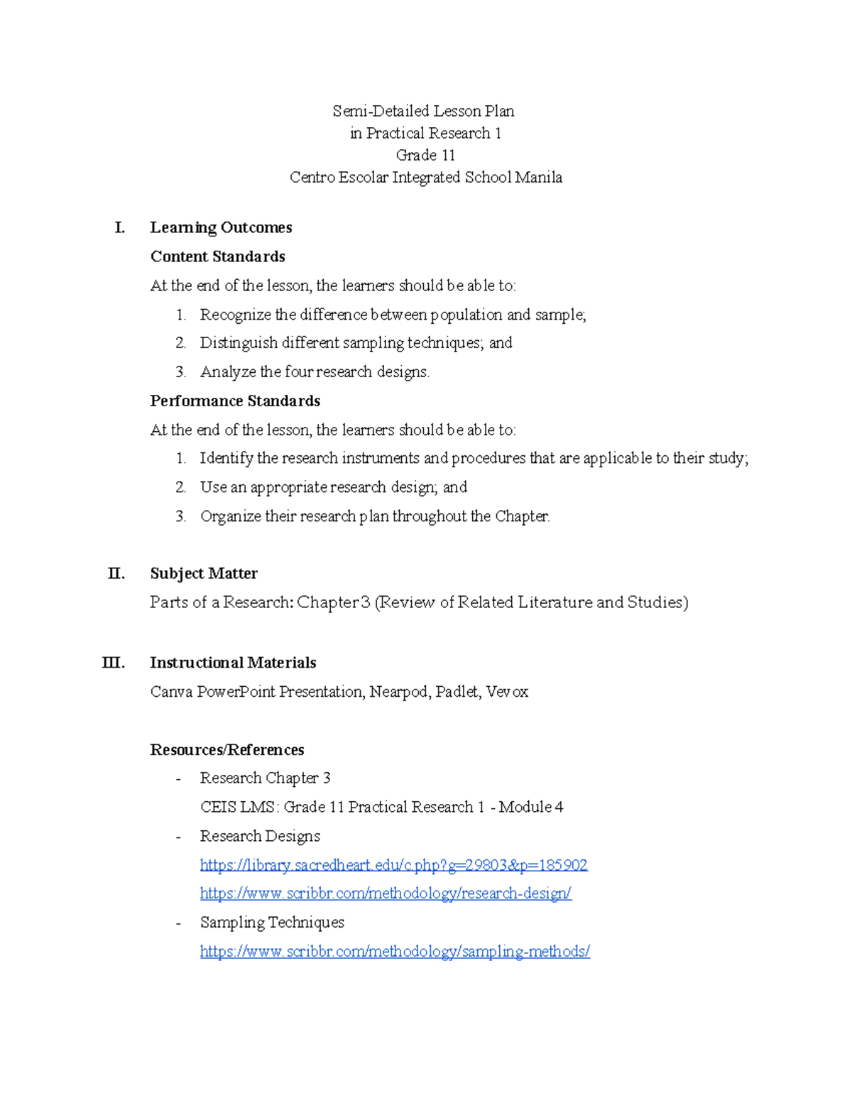 Semi-Detailed Lesson Plan for Grade 11 PR1 - Research Chapter 3 - Studocu