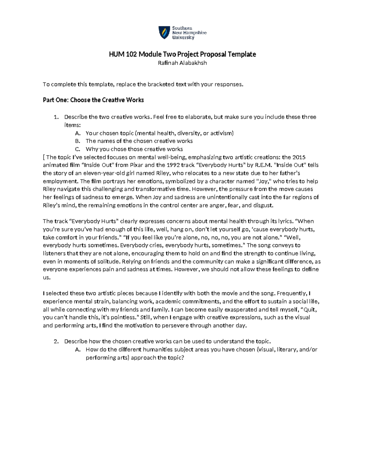 HUM 102 Module Two Project Proposal: Exploring Mental Health Through ...
