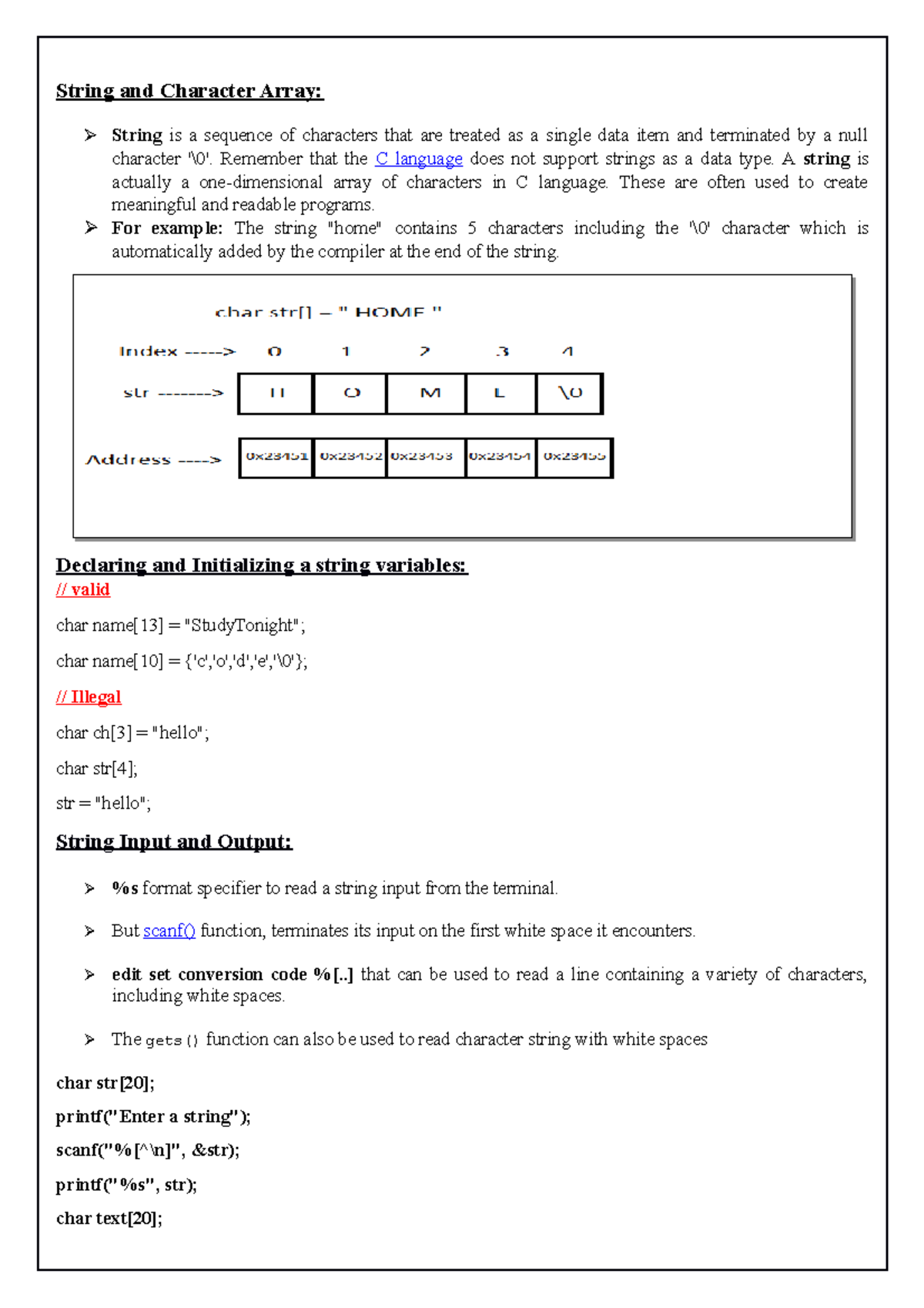 Short Notes On Character Arrays And Strings String And Character