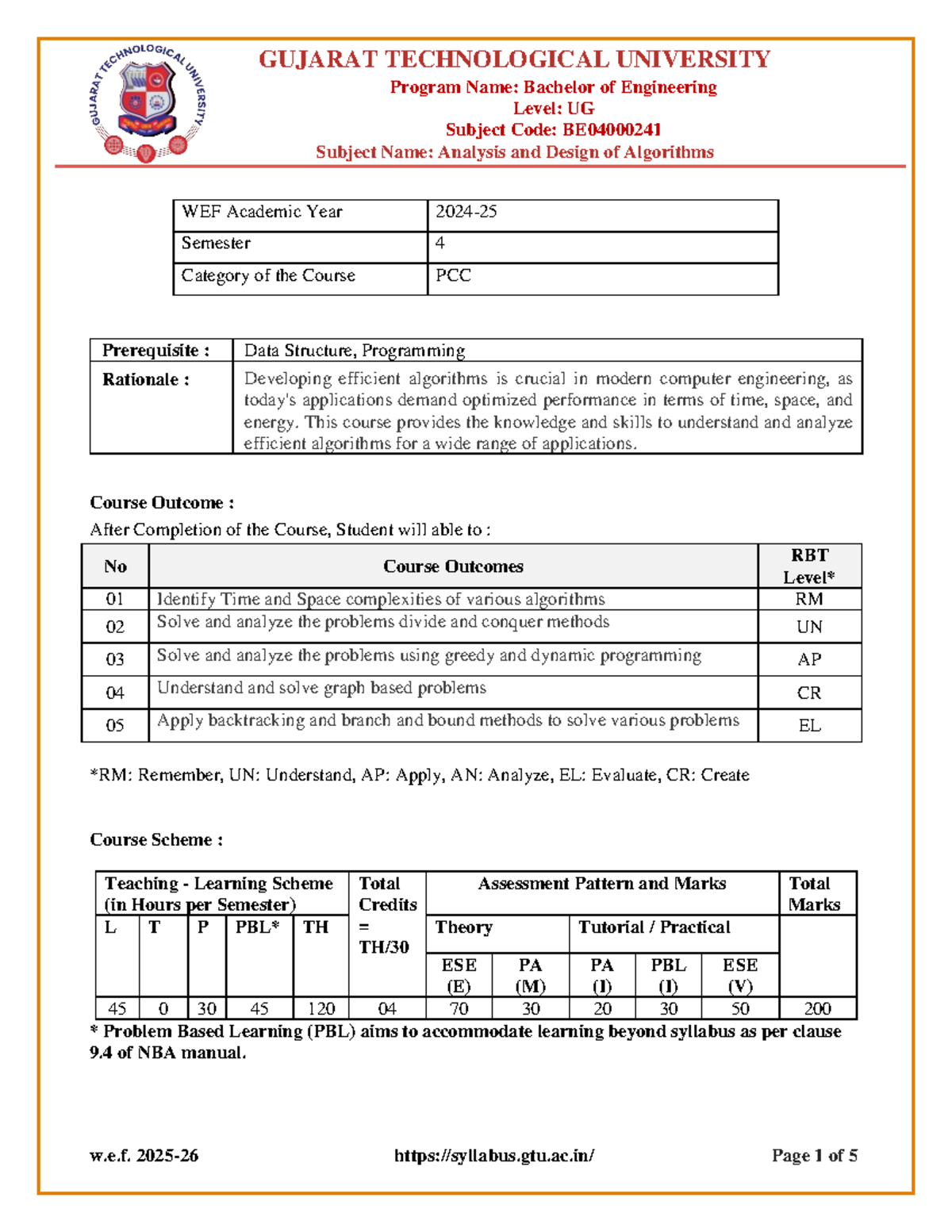BE04000241(ADA) - Analysis and Design of Algorithms Syllabus for 4th ...