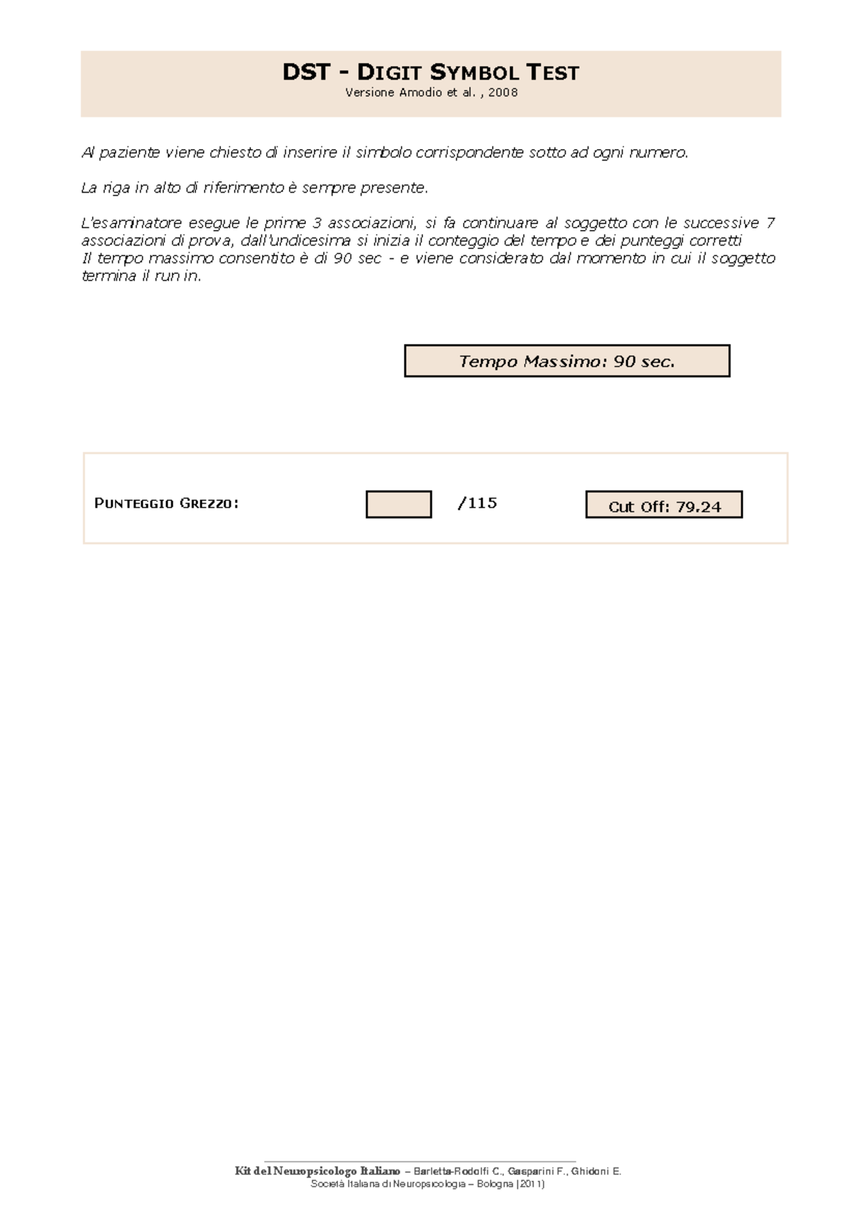 DST Digit Symbol Test: Guida all'uso e punteggi per demenza - Studocu