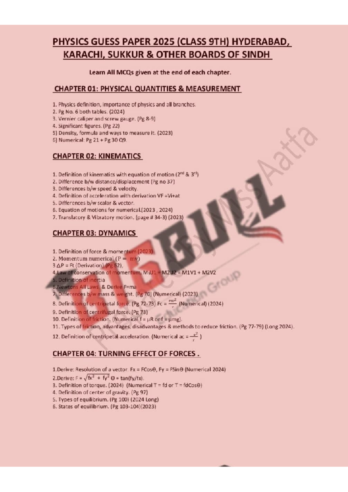 9th Physics Target Paper 2025 BIG BULL - PHYSICS GUESS PAPER 2025 ...