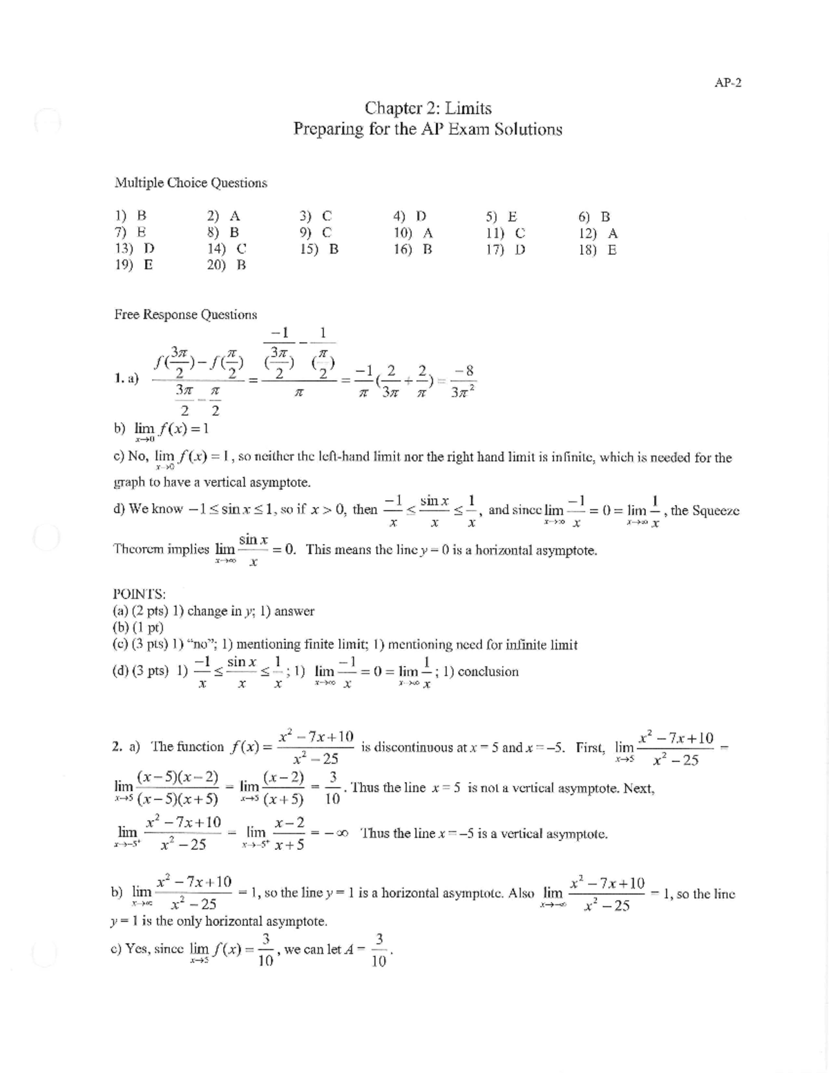 AP Calculus - Chapter 2 Limits Exam Solutions Key - Studocu