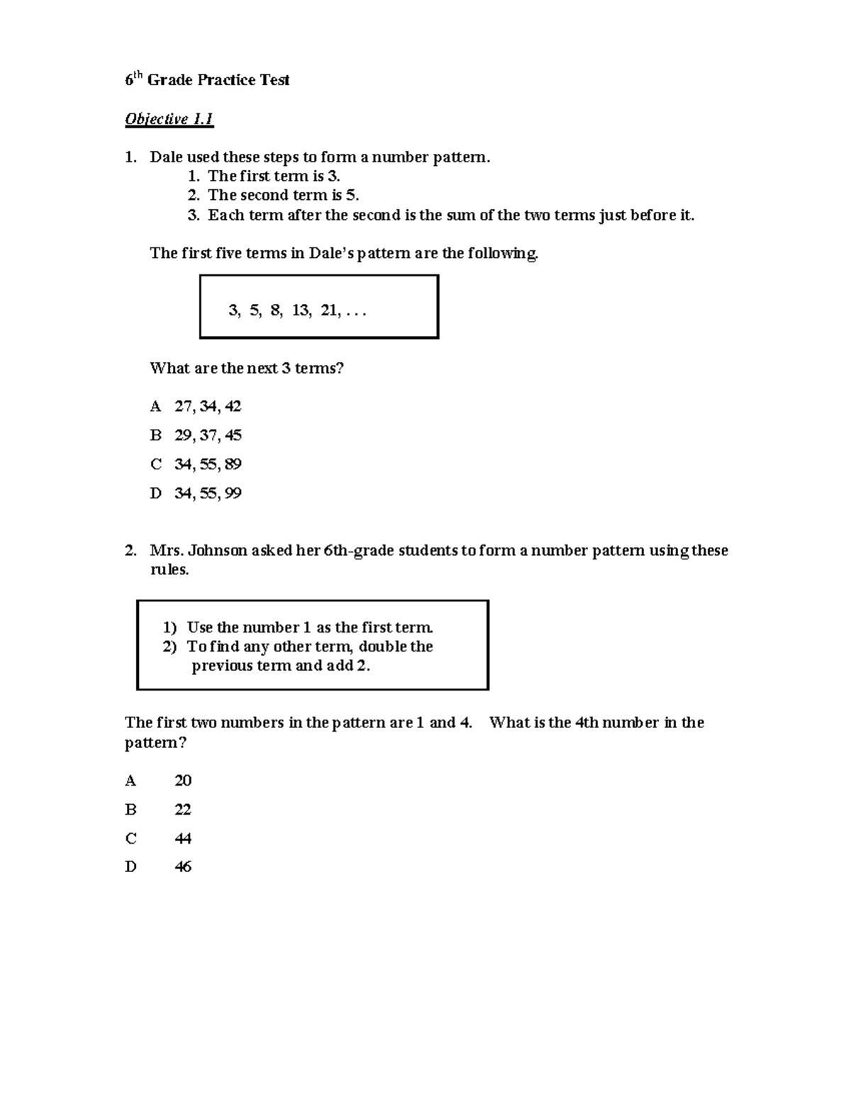 6th Grade Math Practice Test: Objectives 1.1 to 5.2 - Studocu