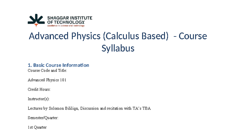 PHYS 101 - Advanced Physics Syllabus: Course Overview & Objectives - Studocu