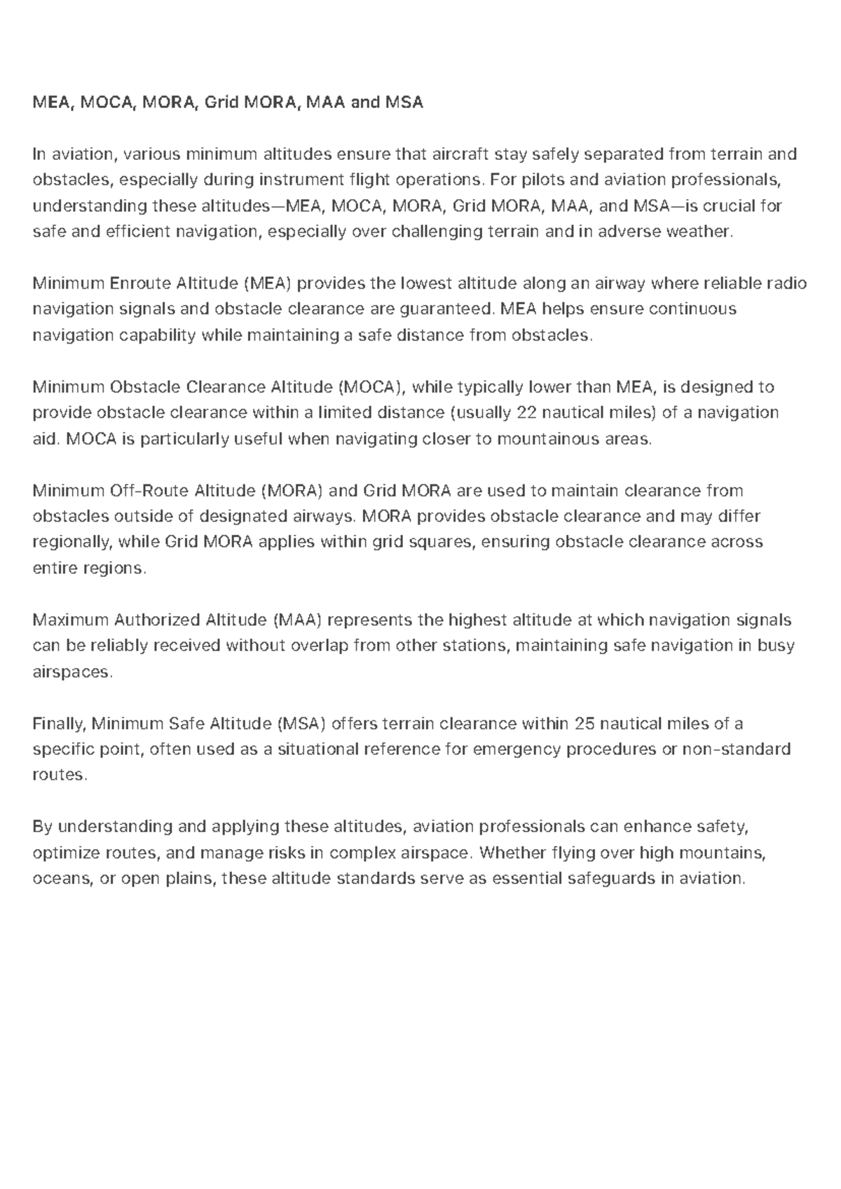 Understanding MEA, MOCA, MORA, MAA, and MSA in Aviation Safety - Studocu