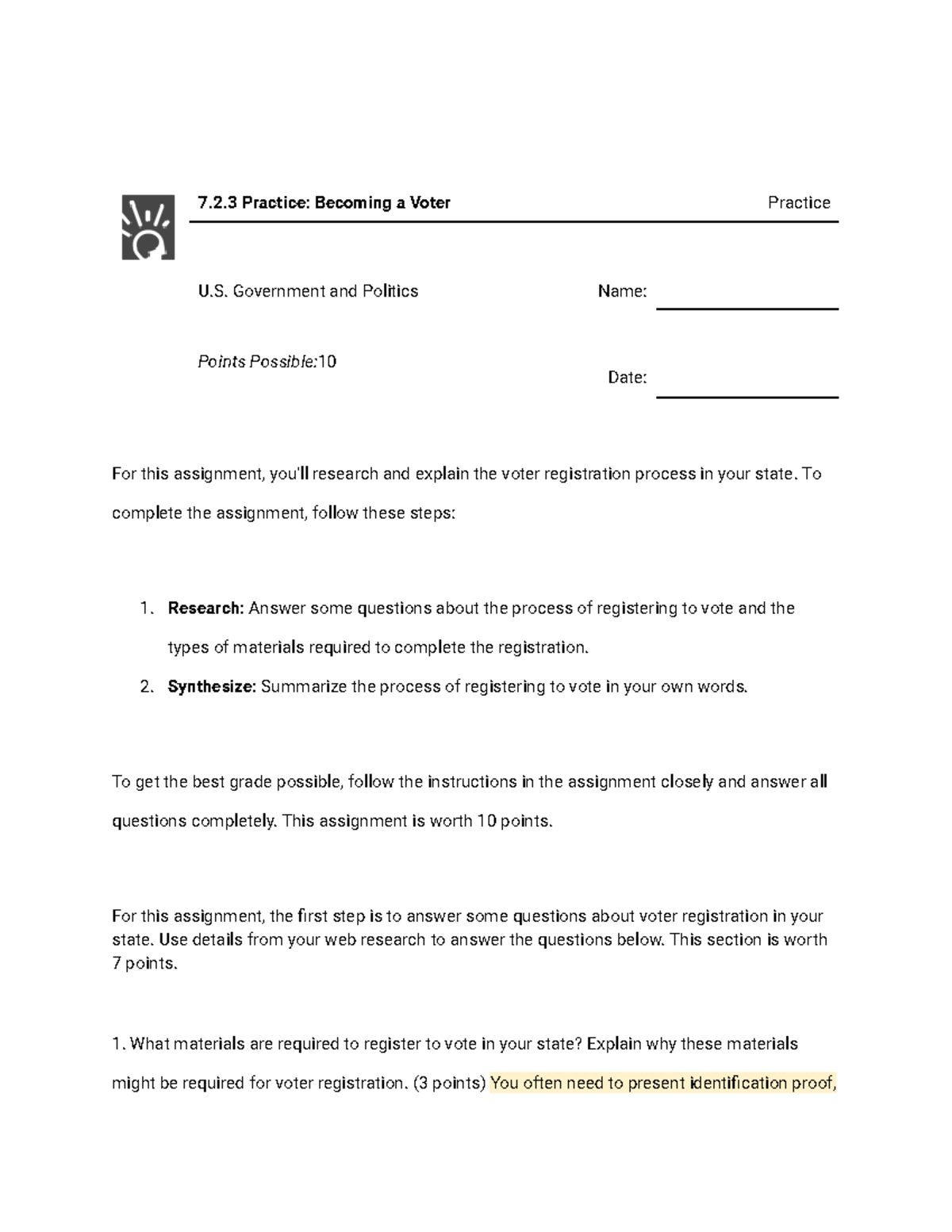 7.2.3 Practice: Becoming a Voter - 7.2 Practice: Becoming a Voter ...