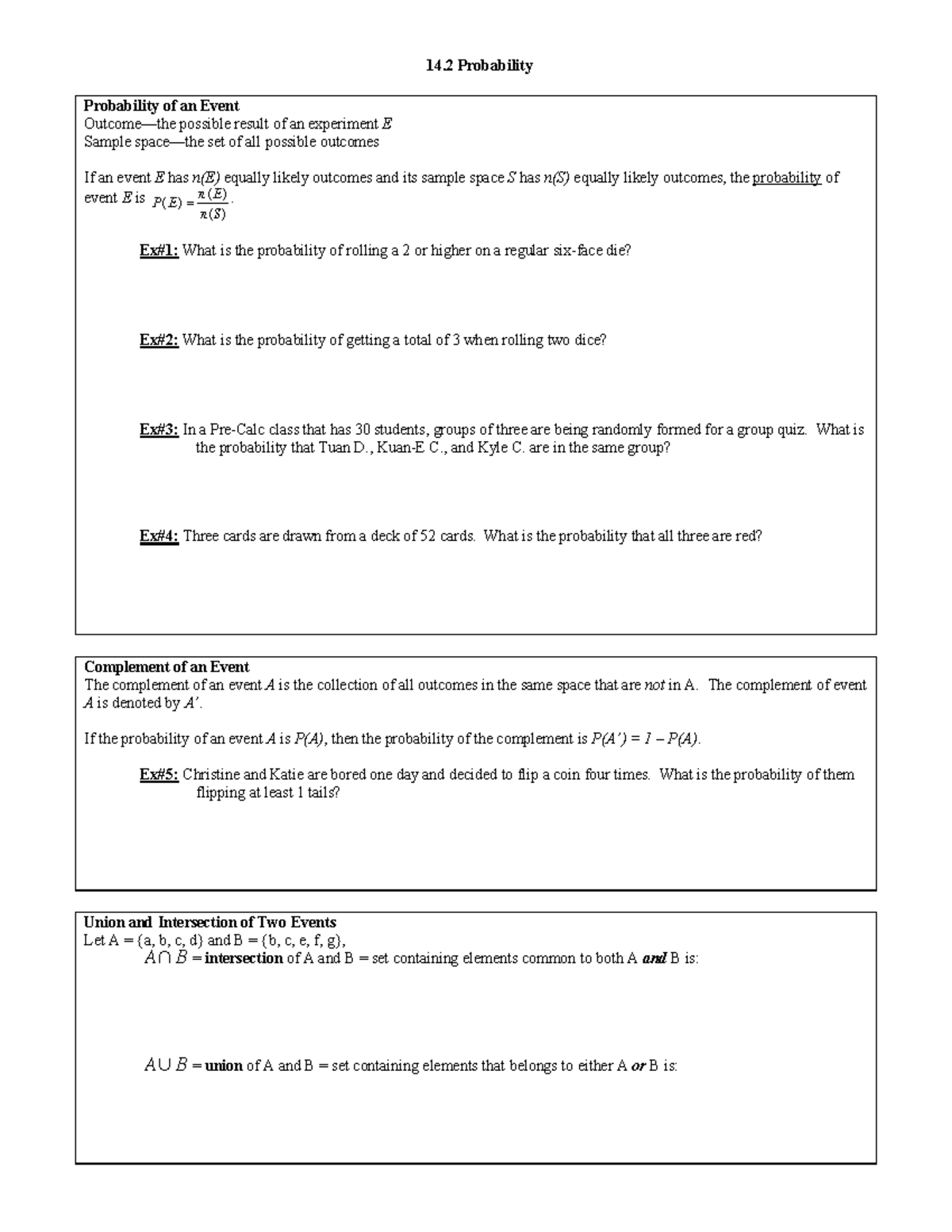 14.2 Probability Notes: Practice on Events and Outcomes - Studocu
