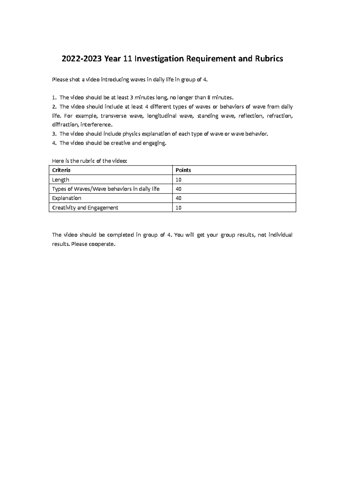 Year 11 Wave Investigation - Video Guidelines and Rubrics - Studocu