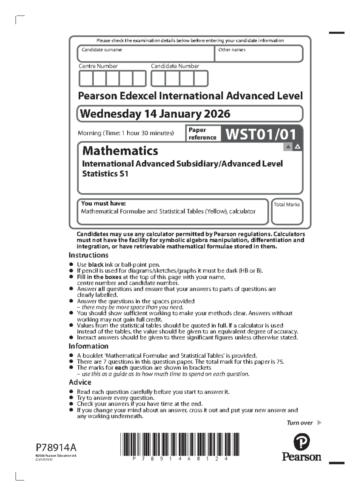 2601 IAL Statistics S1 Final Exam Details - January 2026 - Studocu
