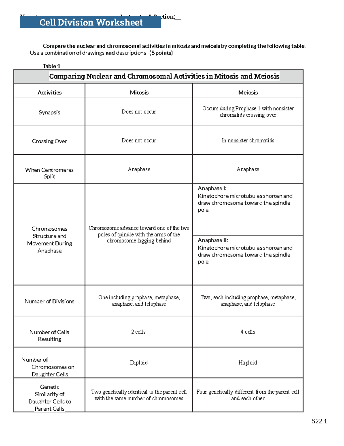 8 Cell Division - Mitosis and Meiosis Comparison Lab Assignment - Studocu