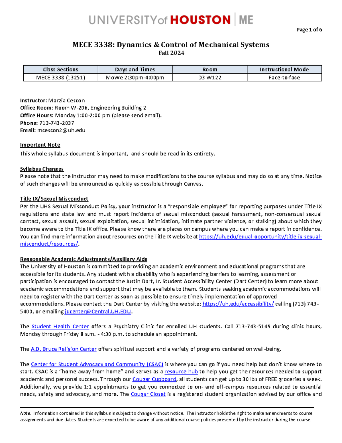 MECE 3338 Syllabus Fall 2024 - Note. Information contained in this ...