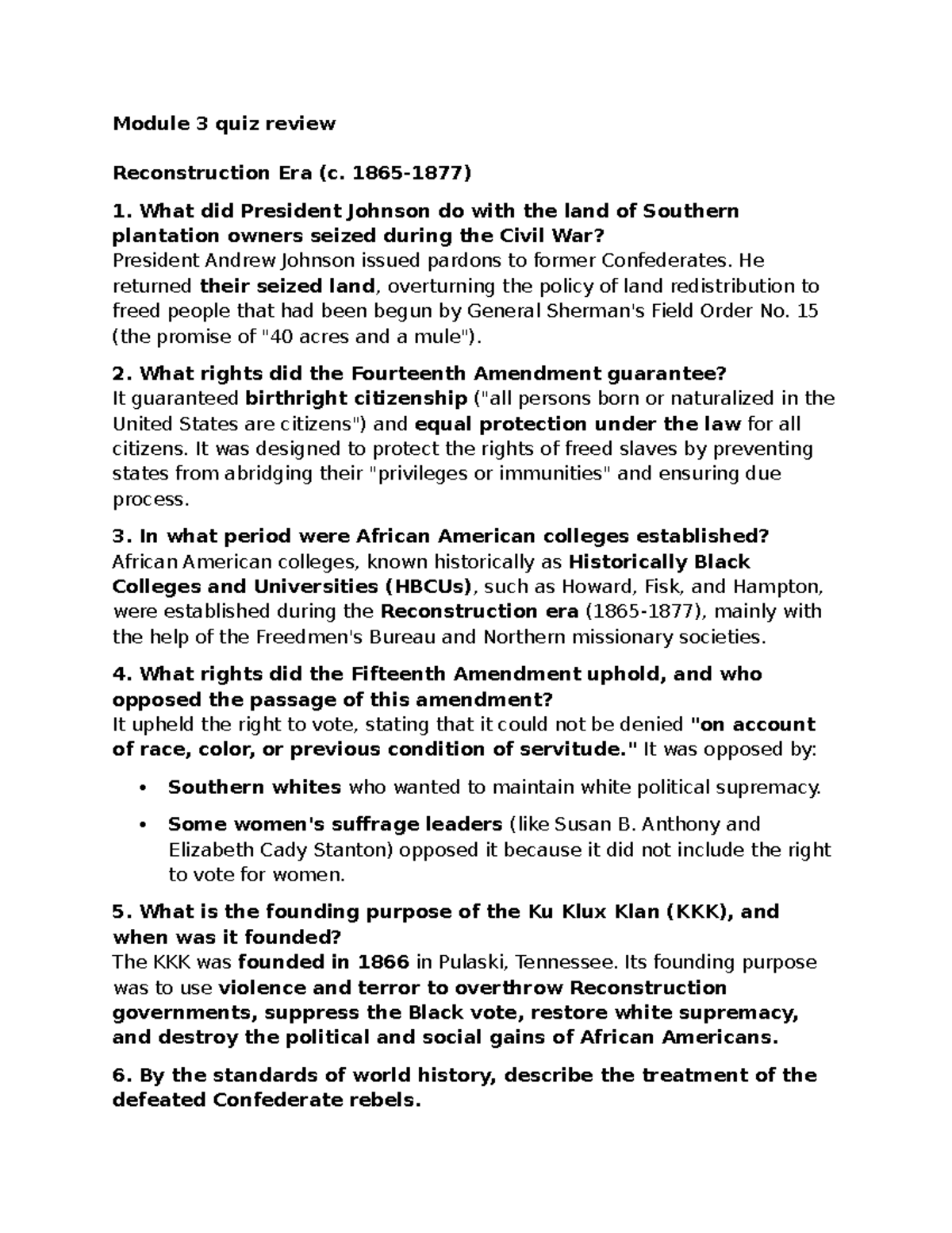 Gilded Age & Reconstruction Era: Key Insights & Quiz Review - Studocu