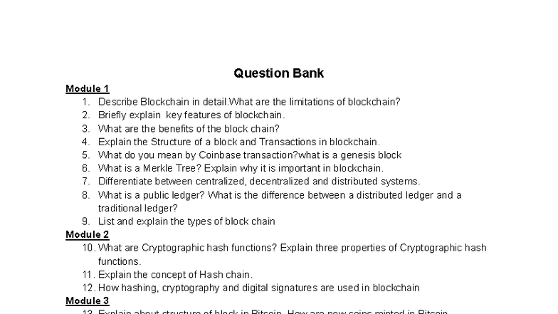 Blockchain Question Bank: Key Concepts & Limitations (Module 1-4) - Studocu