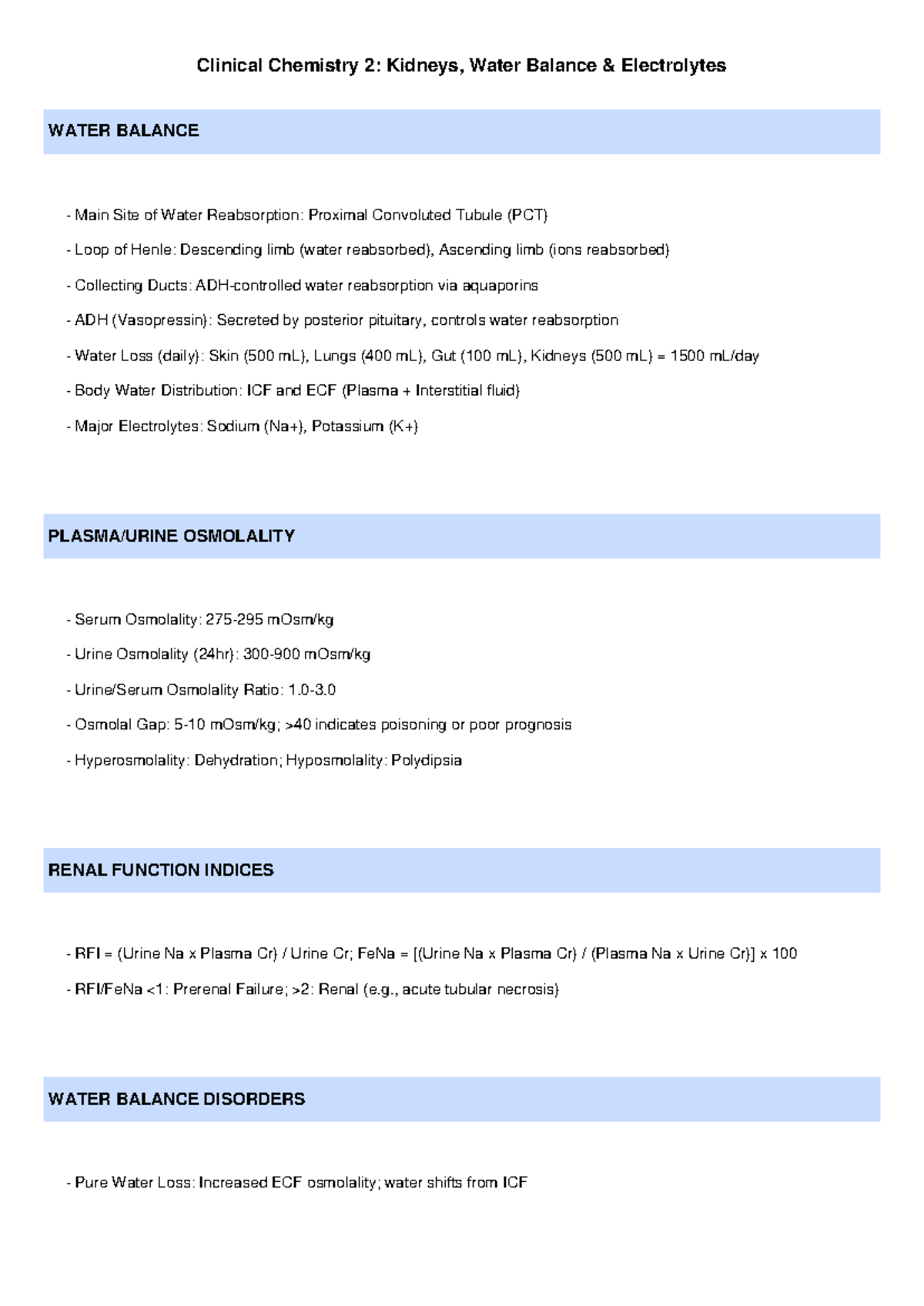 Clinical Chemistry 2: Kidney Water Balance & Electrolytes Summary - Studocu