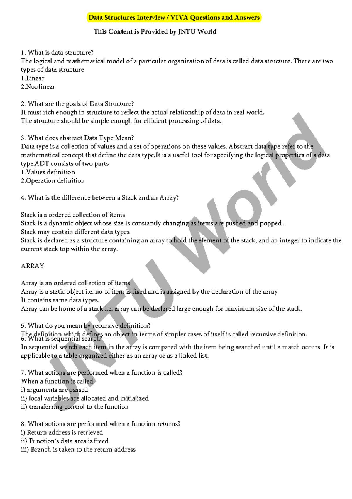 Data Structures VIVA Questions & Answers - JNTU World Guide - Studocu