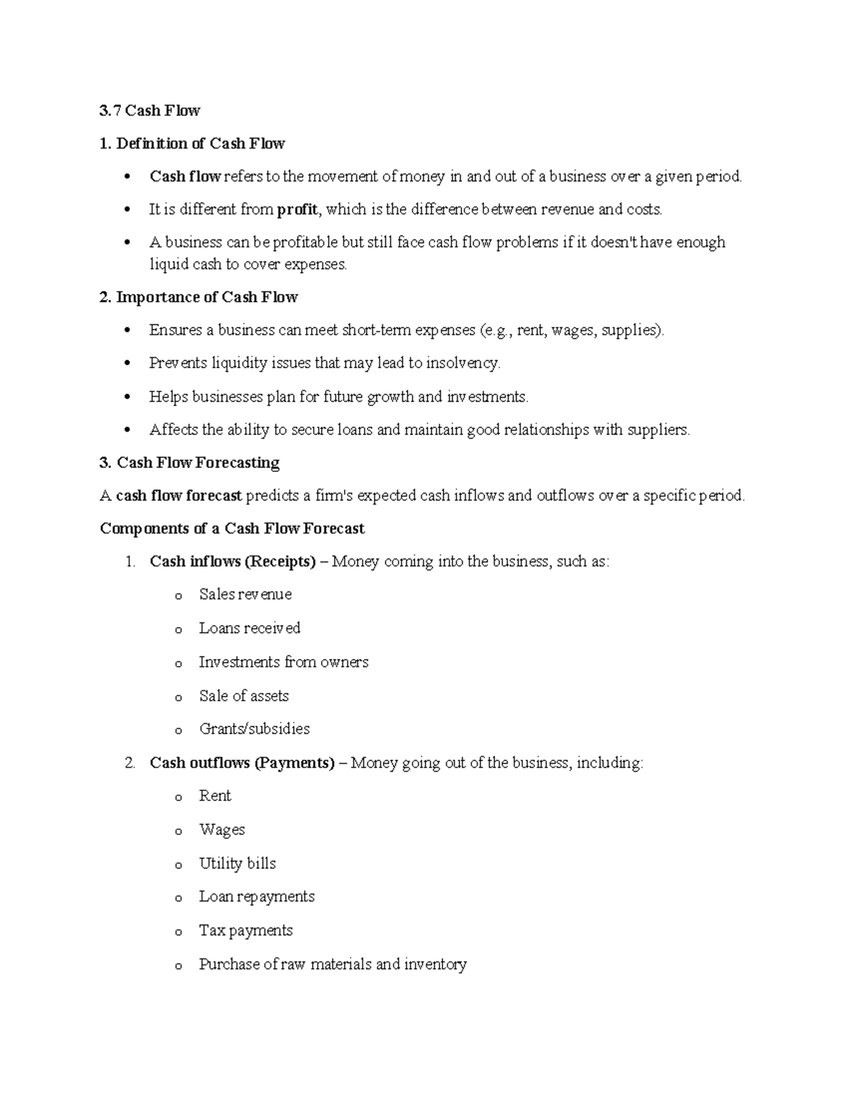 ib business management chaoter 3 - 3 Cash Flow 1. Definition of Cash ...