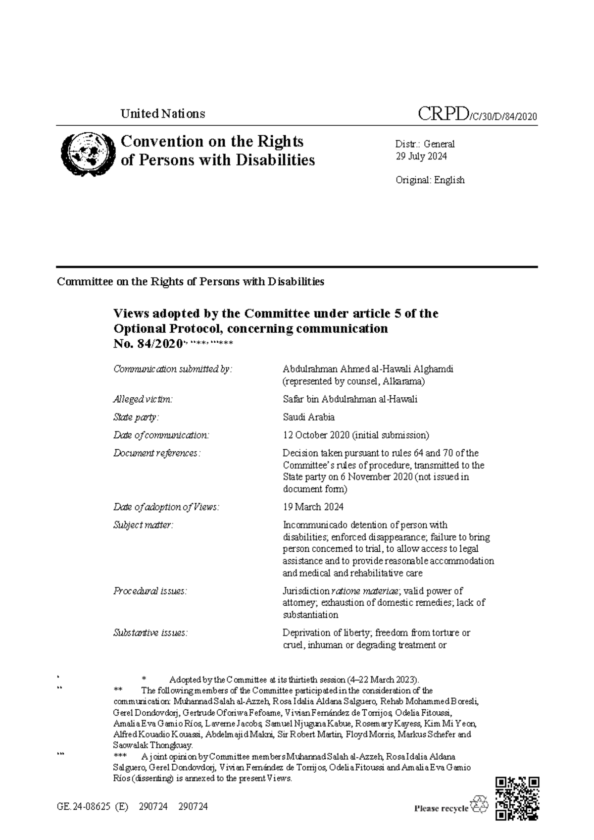 Communication Review on Mr. Al-Hawali's Case No. CRPD/C/30/D/84/2020 ...