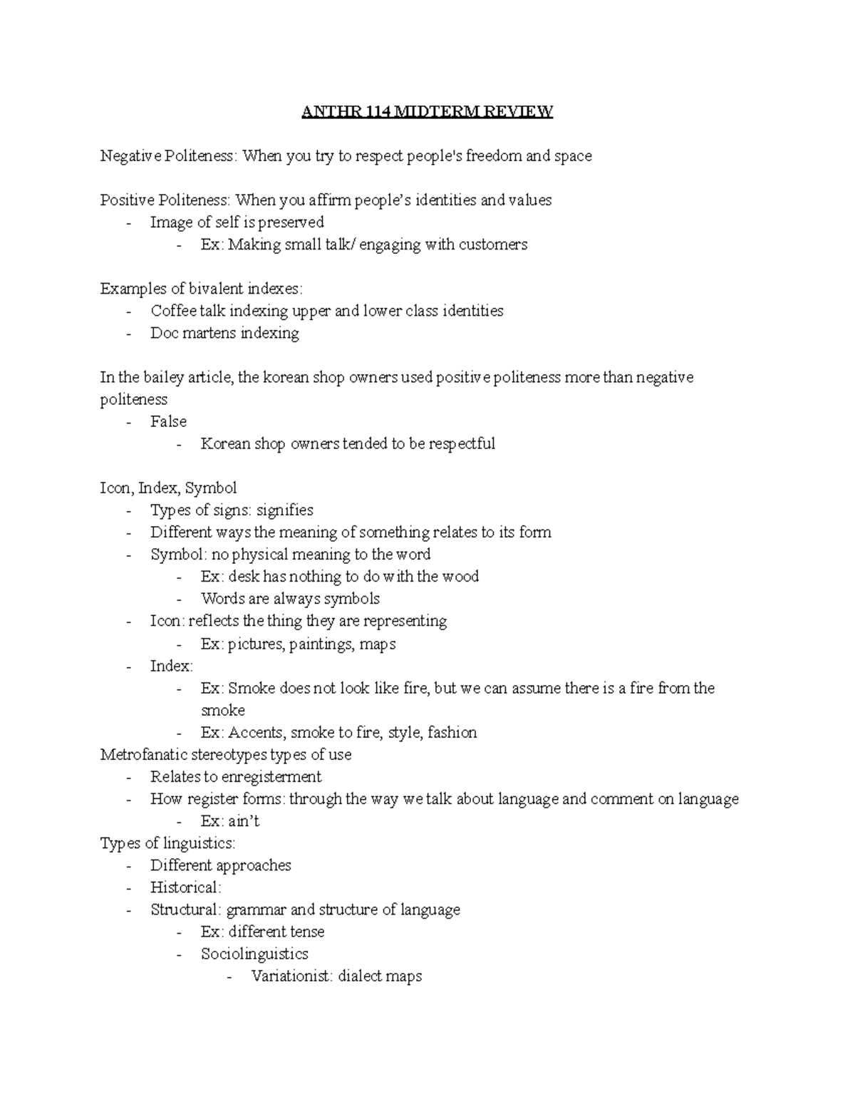 ANTHR 114 Midterm Study Guide: Politeness, Linguistics & Signs - Studocu