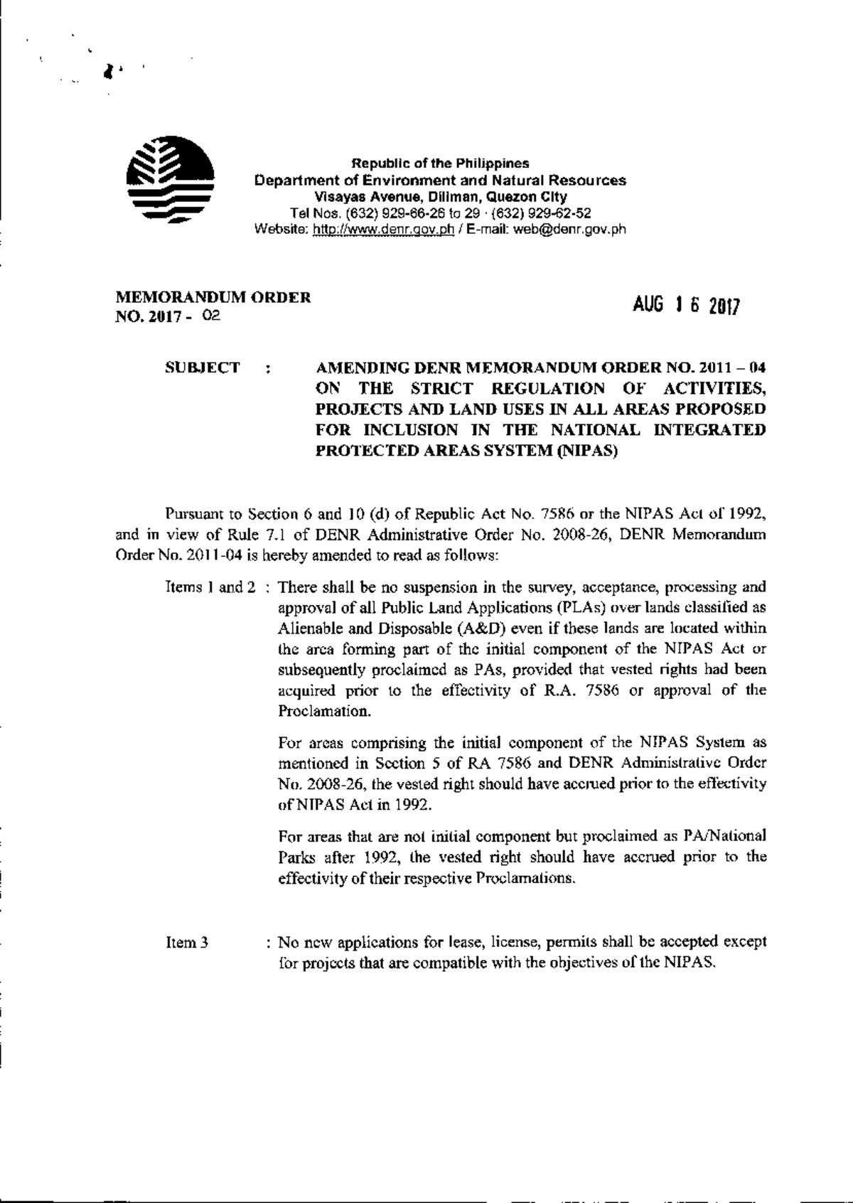 Amending DENR Memorandum Order NO.2011-04 ON THE Strict Regulation OF ...