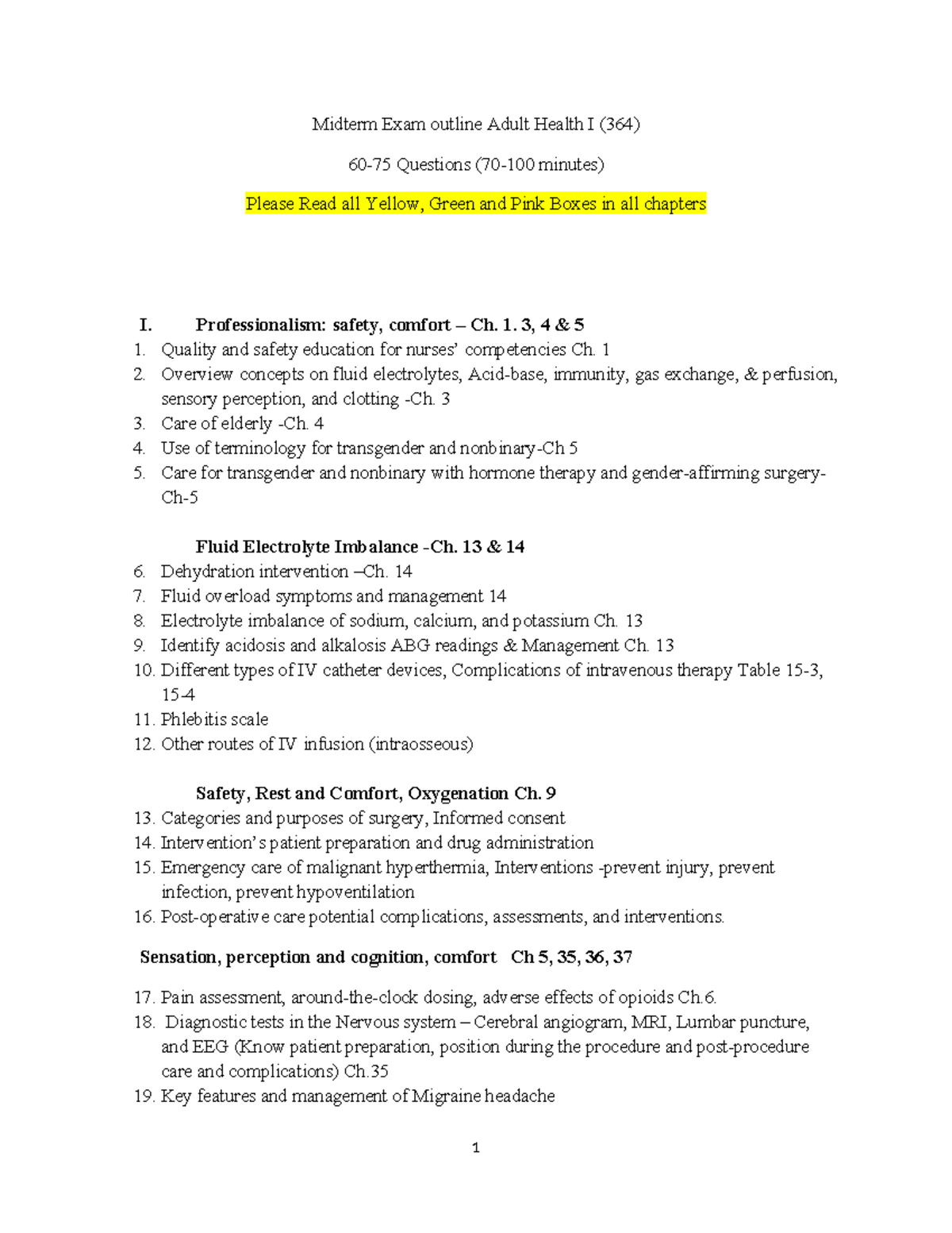 Midterm Exam outline Adult Health I 364 10th edition 1 - Midterm Exam outline Adult Health I ...