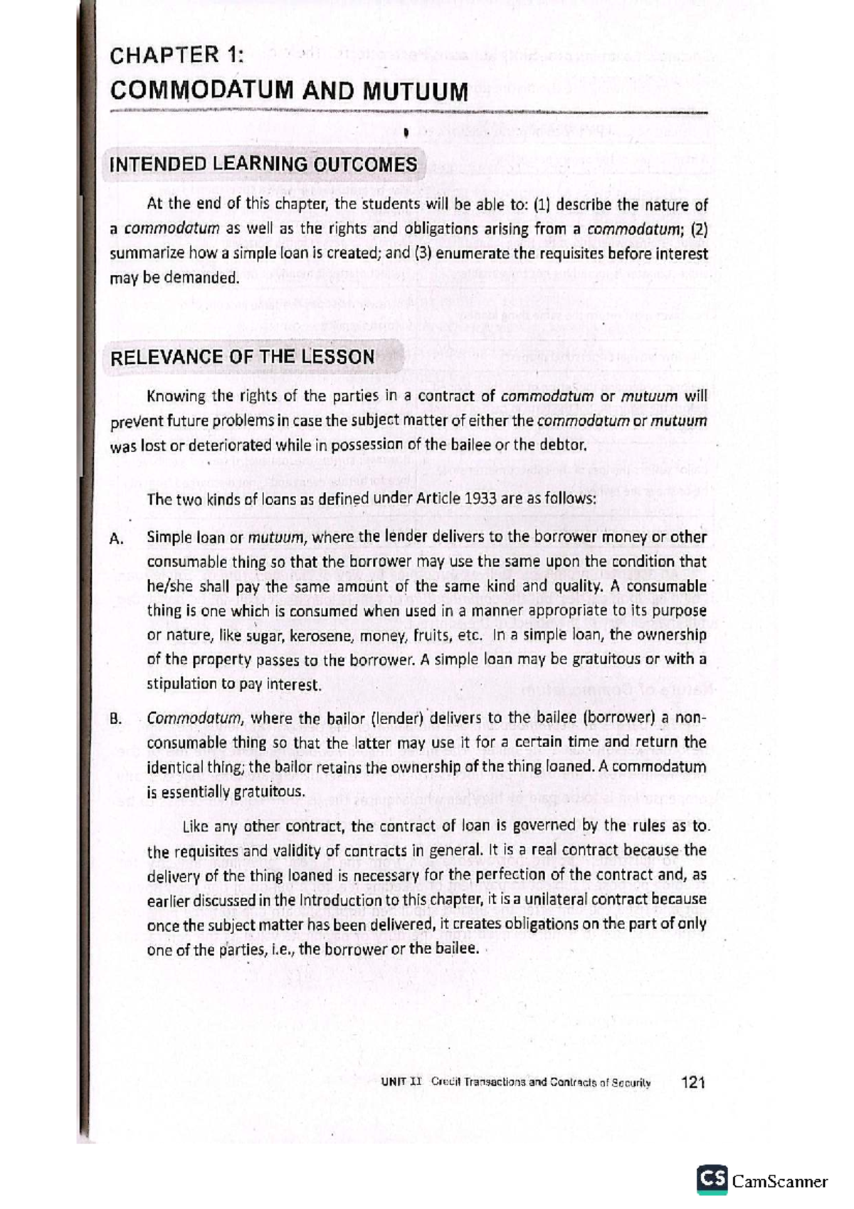 RFB Unit 2: Chapter 1 - Understanding Commodatum and Mutuum Contracts ...