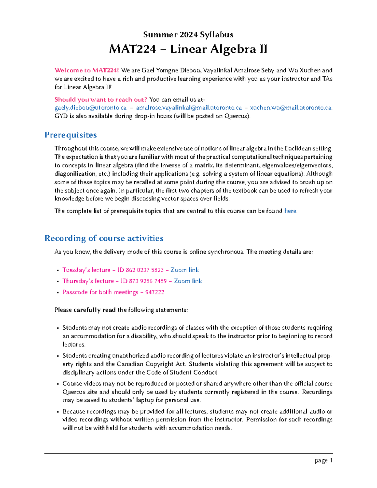Summer 2024 MAT224 Linear Algebra II Course Syllabus and Overview - Studocu
