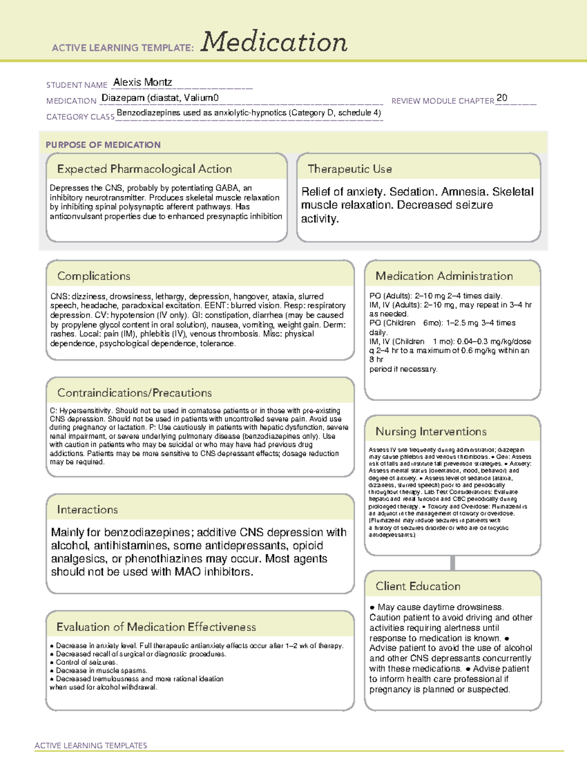 Diazepam (Valium) - Comprehensive Drug Card Review Template - Studocu