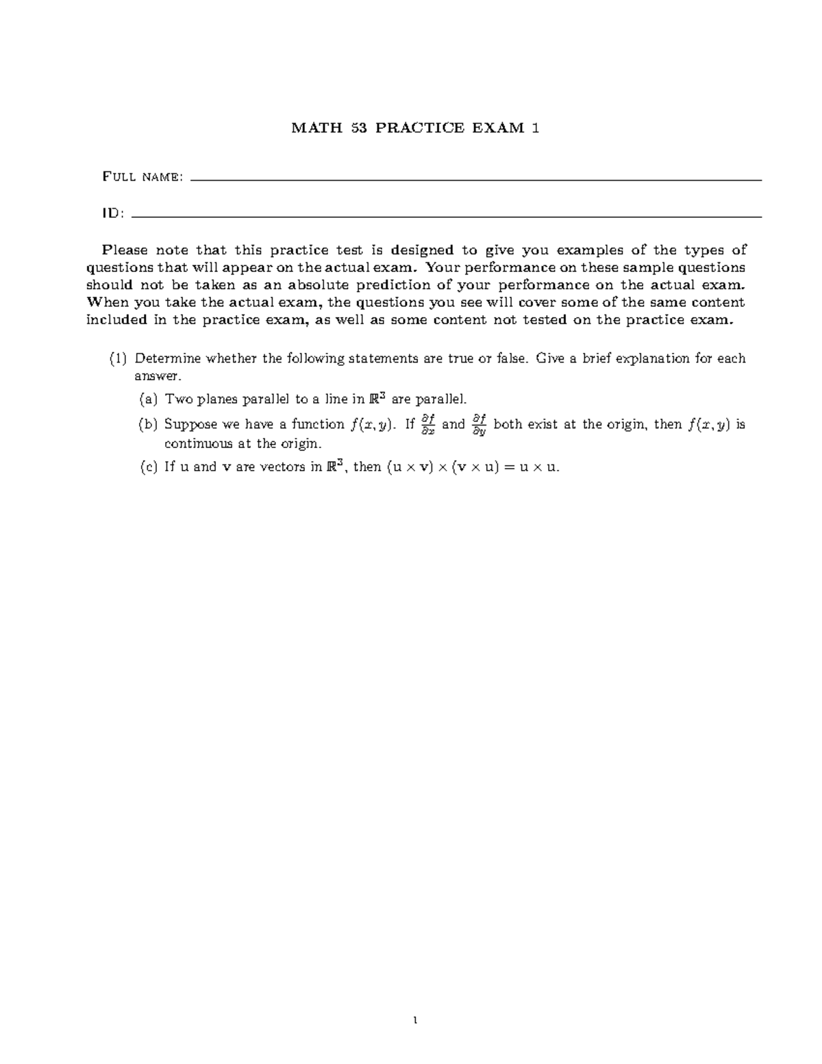 Math 53 Practice Exam 1 - Review Notes and Sample Questions - Studocu