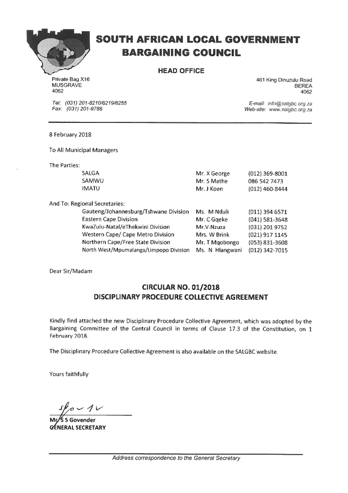 Circular No. 01/2018: Disciplinary Procedure Collective Agreement - Studocu