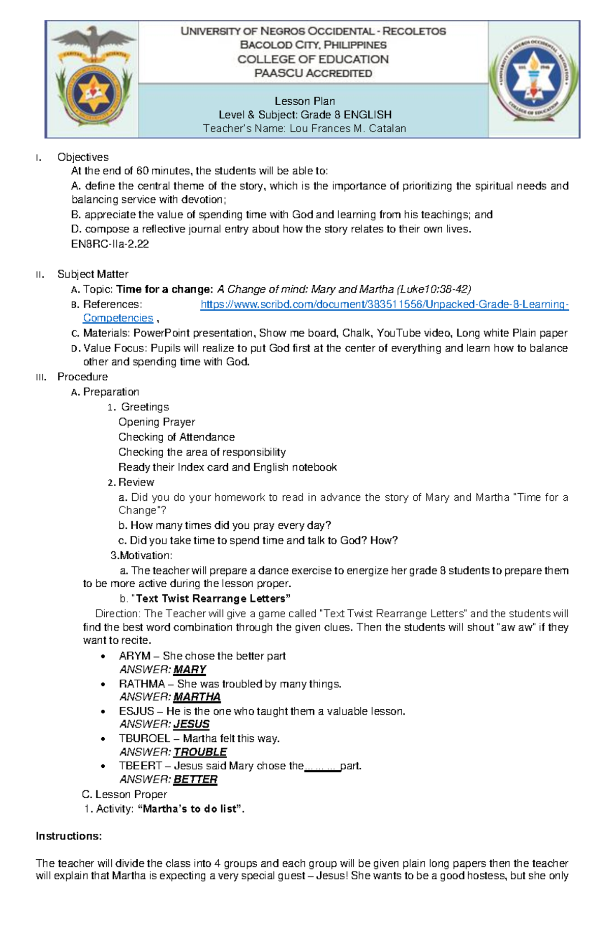 Grade 8 English Lesson Plan: Balancing Priorities with Mary & Martha ...
