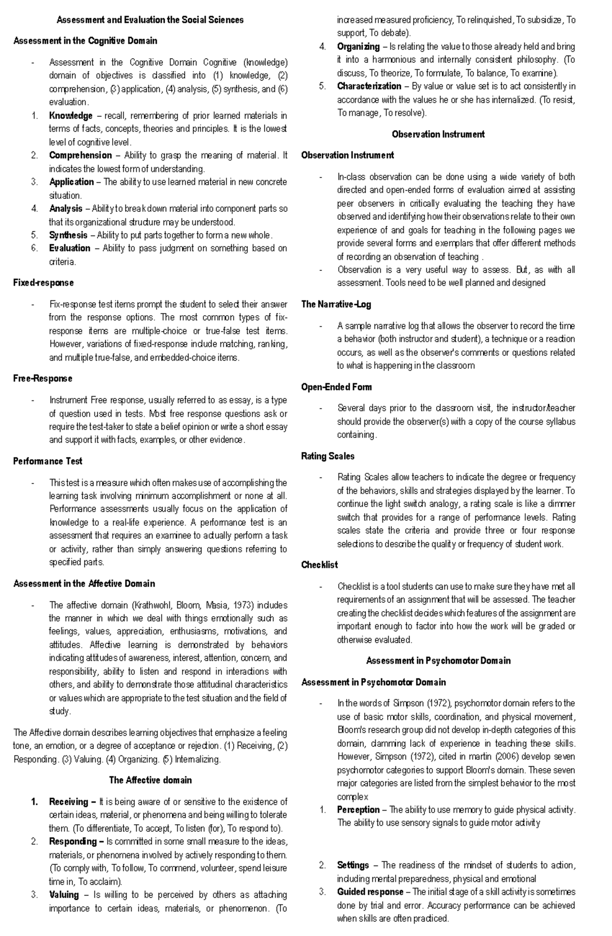 Assessment and Evaluation in Social Sciences: Cognitive & Affective ...