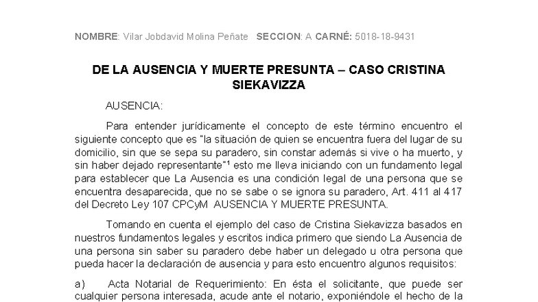 De la Ausencia y Muerte Presunta: Caso Cristina Siekavizza (CPCyM ...