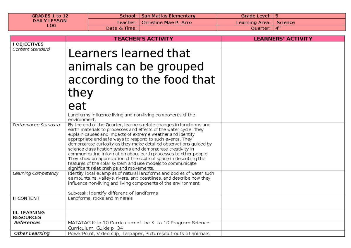 Science 5 Lesson Plan: Exploring Landforms and Ecosystems - Studocu
