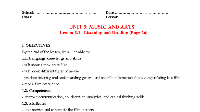 UNIT 3: Lesson 3 - Listening and Reading on Movies and Film ...