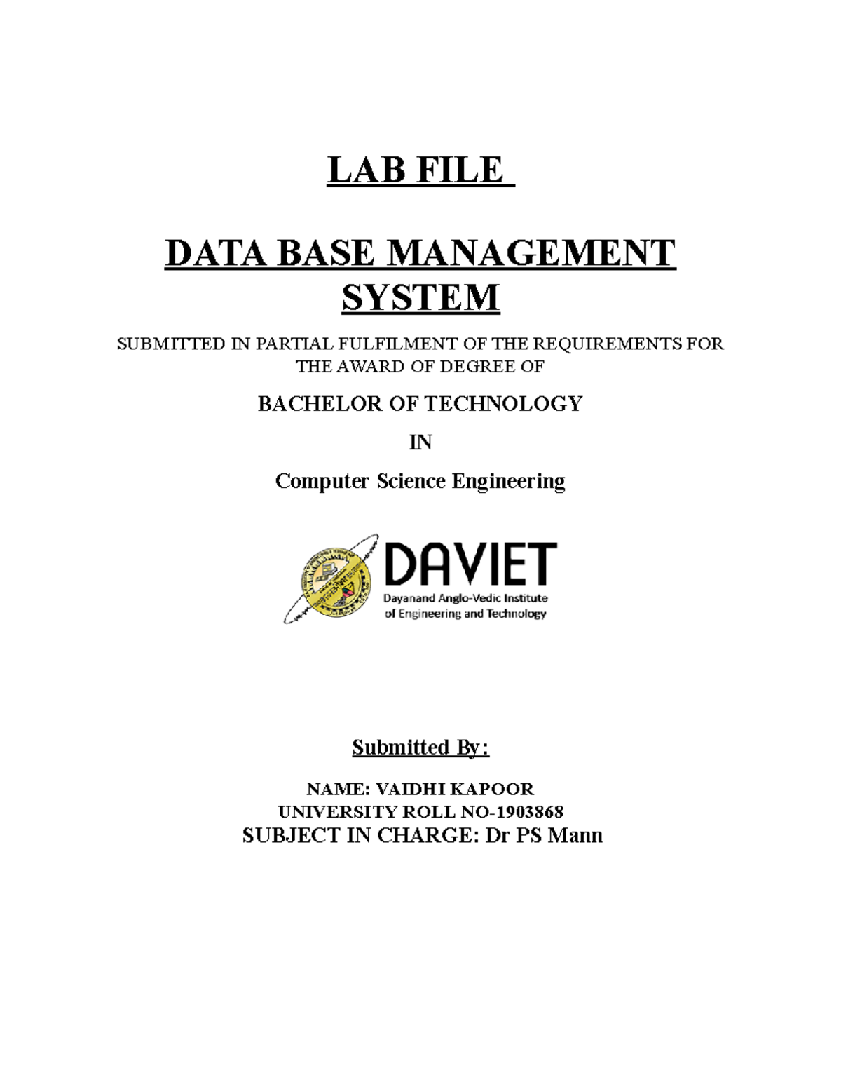 DBMS Lab File - Comprehensive Overview on Database Management - Studocu