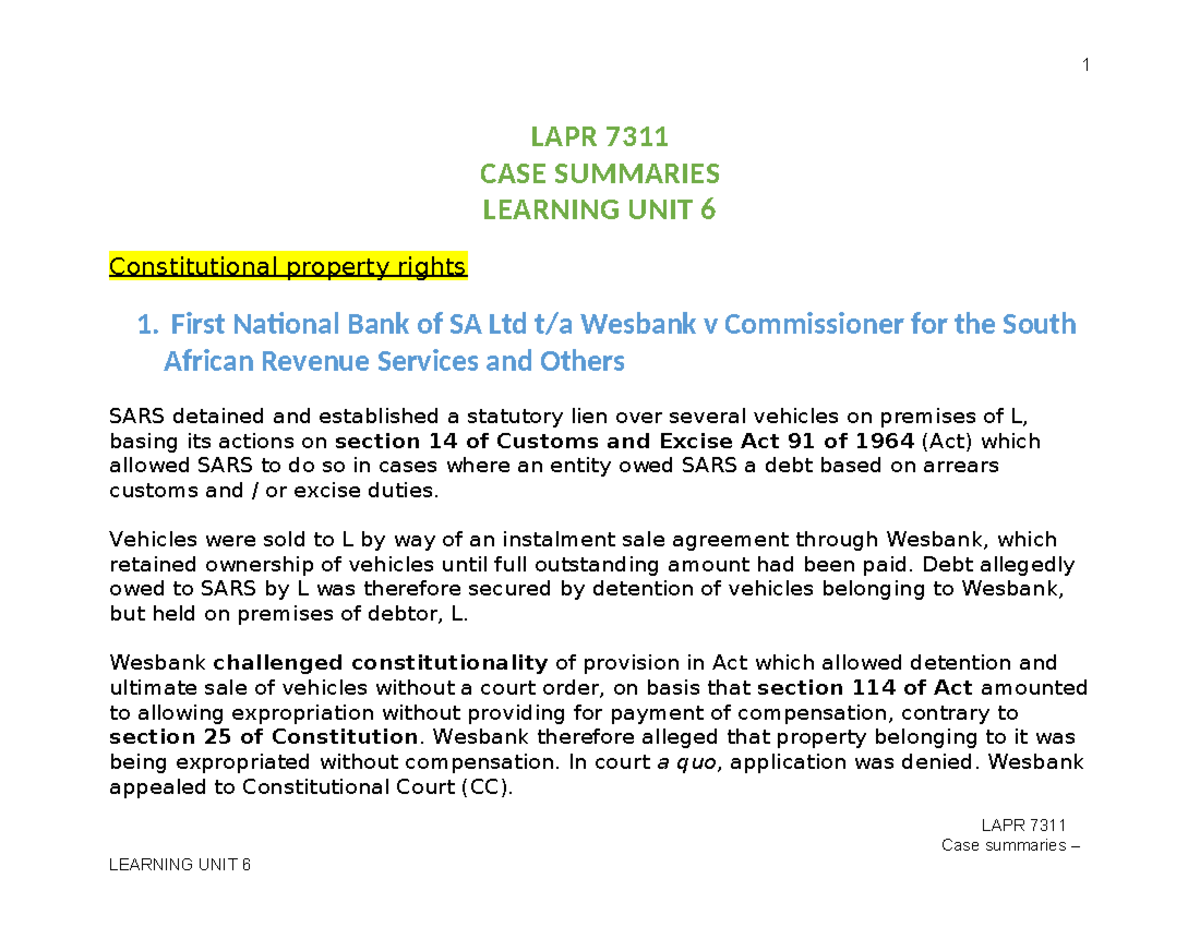 LAPR 7311 Case Summaries: Constitutional Property Rights (LU 6) - Studocu