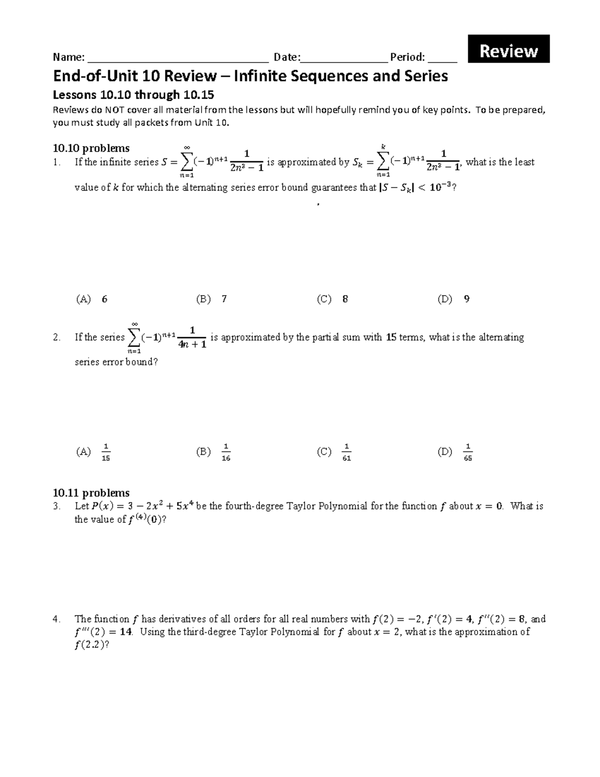 Calc Unit 10 Review: Infinite Sequences & Series Lessons 10.10-10.15 ...