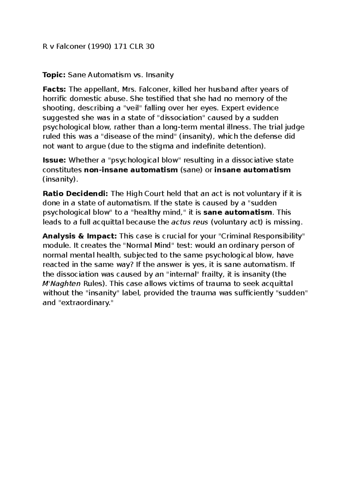 R v Falconer (1990) - Case Note on Sane Automatism vs. Insanity - Studocu