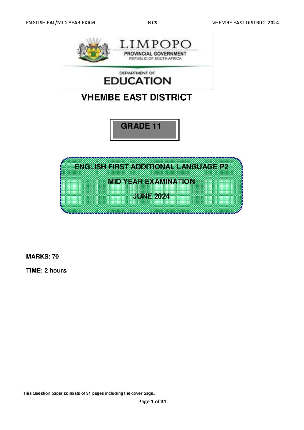 Grade 11 English First Additional Language P2 Mid-Year Exam NCS 2024 ...