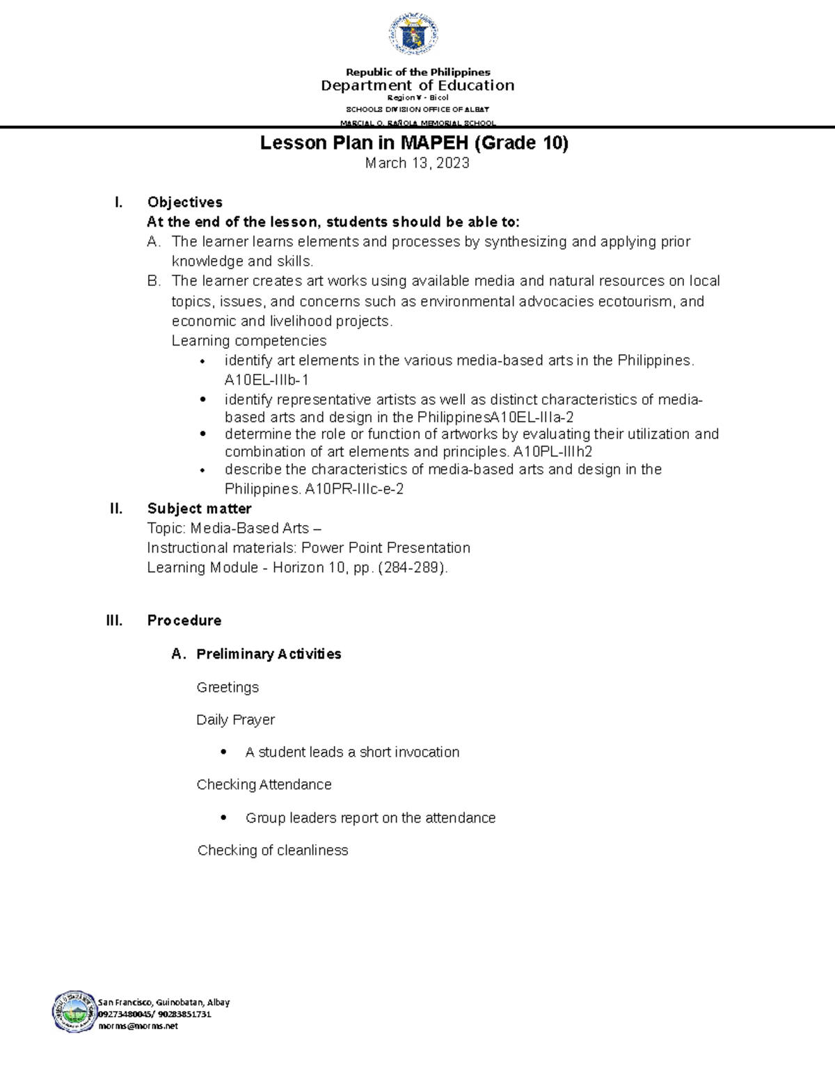 Lesson Plan for MAPEH Grade 10: Focus on Print Media - Studocu