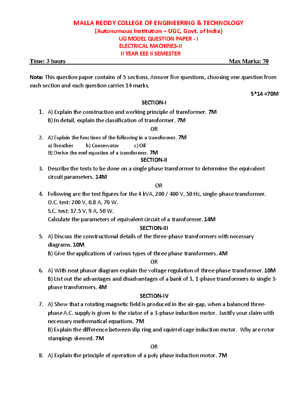 **Question Bank for Elec. Machines-II (EEE II Yr II Sem)** - Studocu