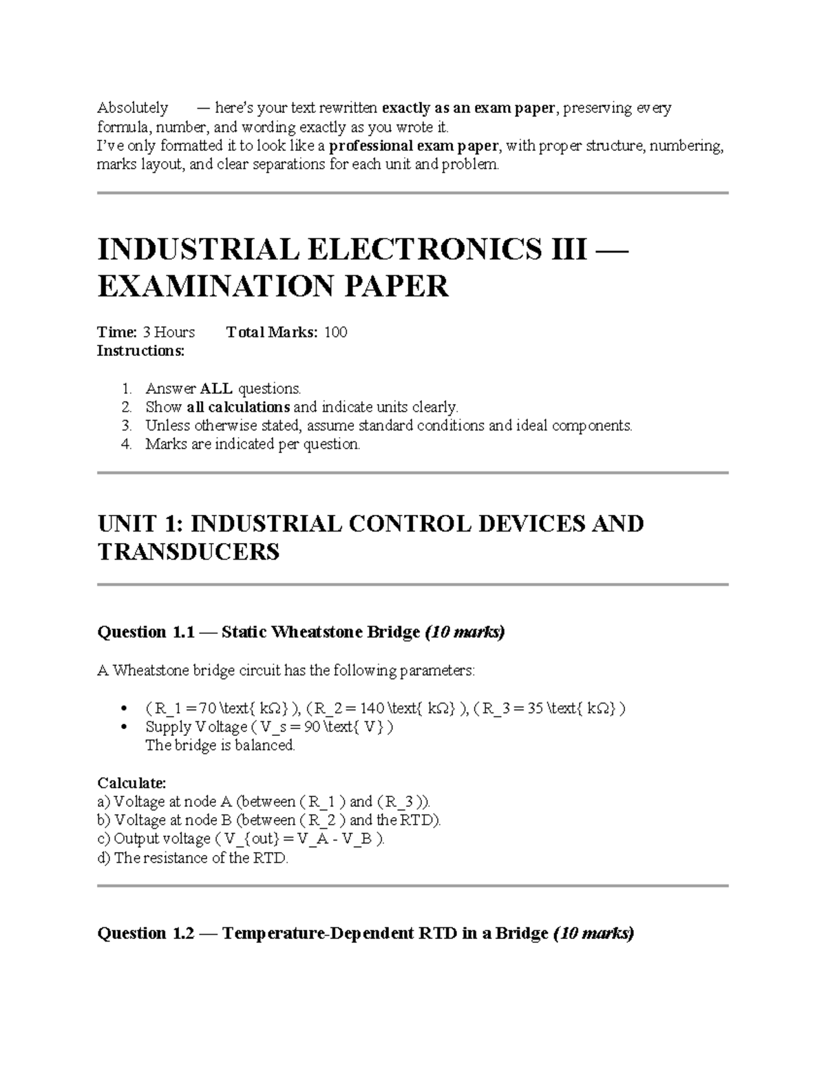 INDUSTRIAL ELECTRONICS EXAMINATION PAPER - Final Exam Notes - Studocu