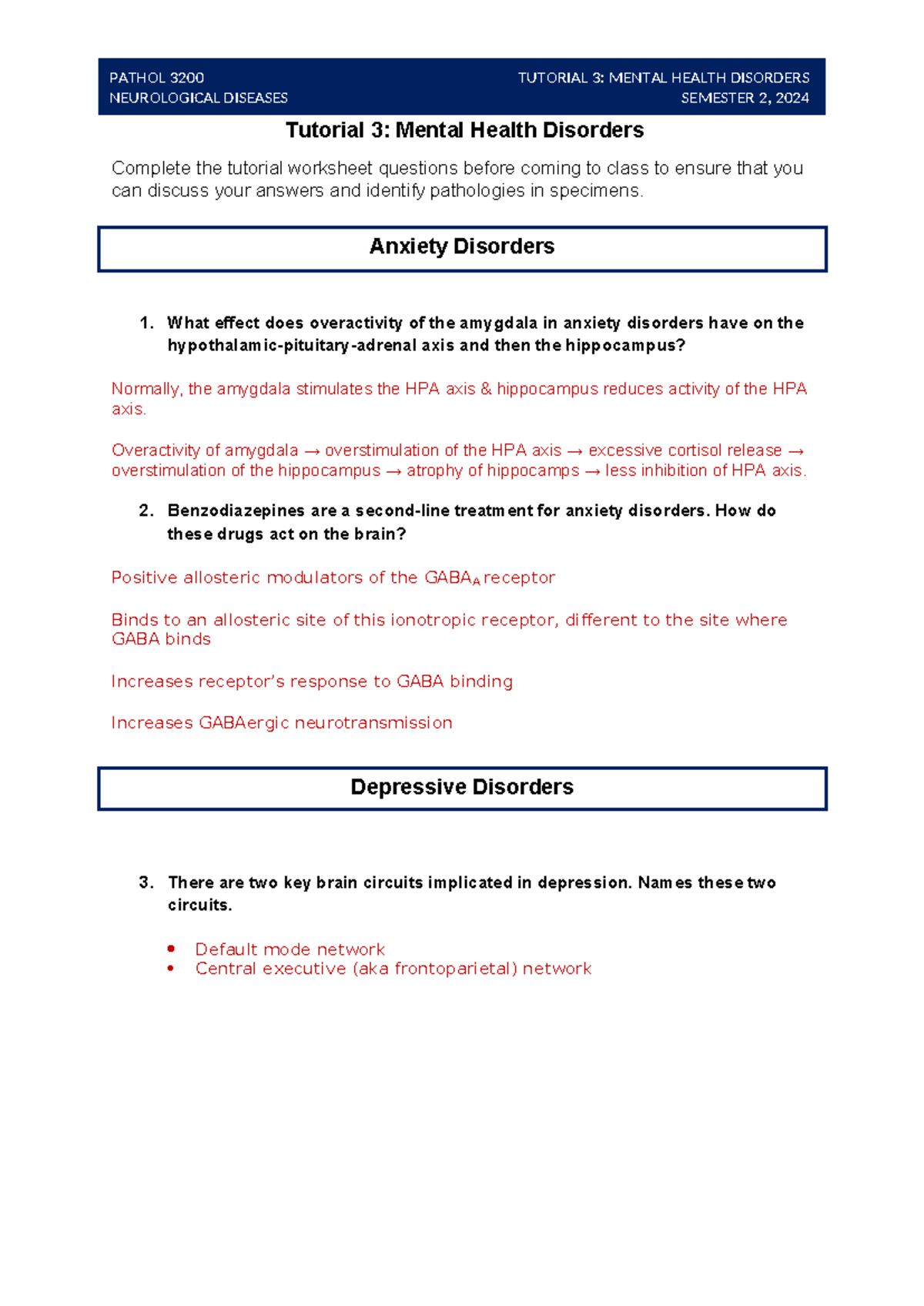 ND - Tutorial 3: Mental Health Disorders Summary & Answers 2024 - Studocu
