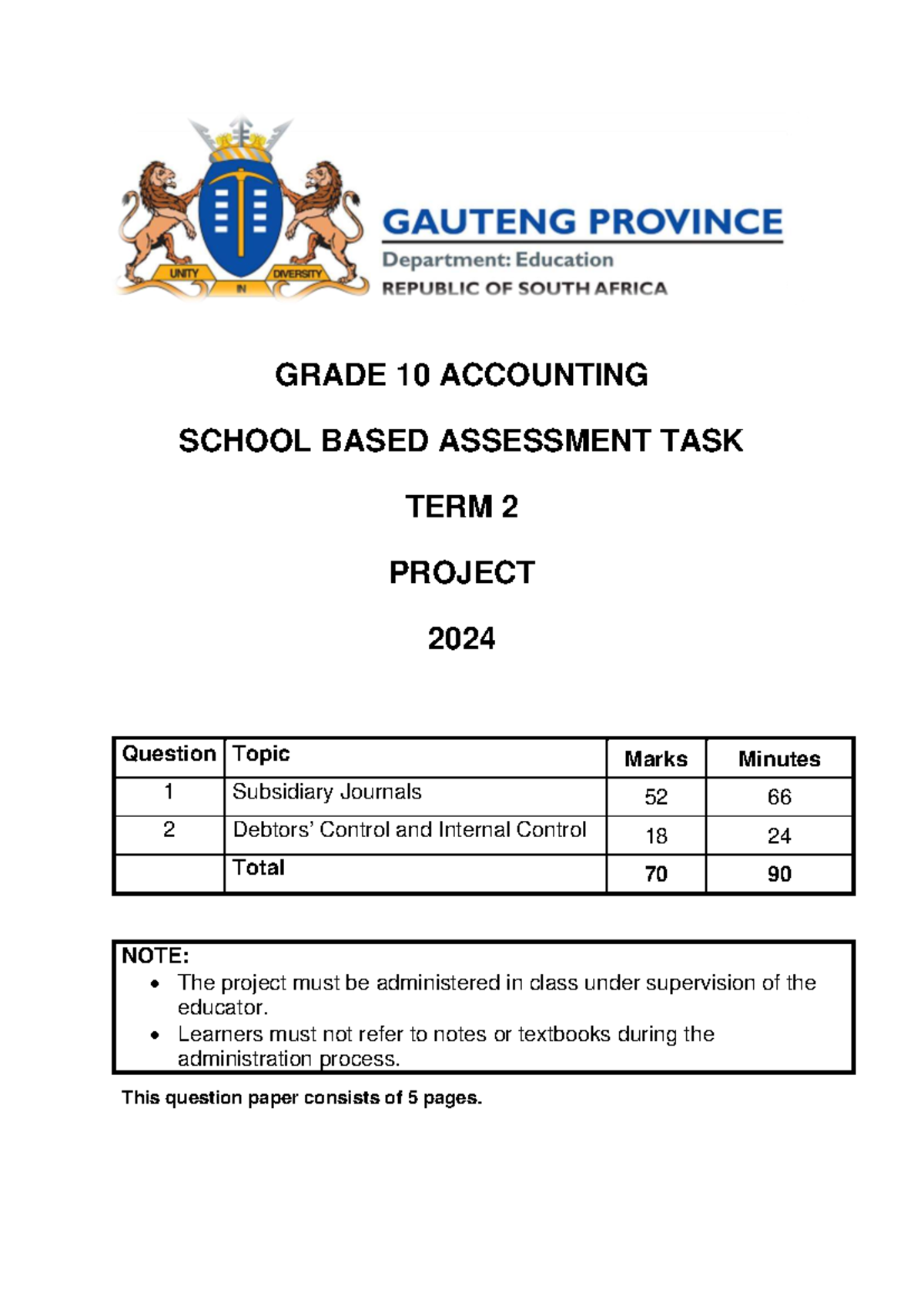 GRADE 10 ACCOUNTING SCHOOL BASED ASSESSMENT TASK TERM 2 PROJECT 2024 ...