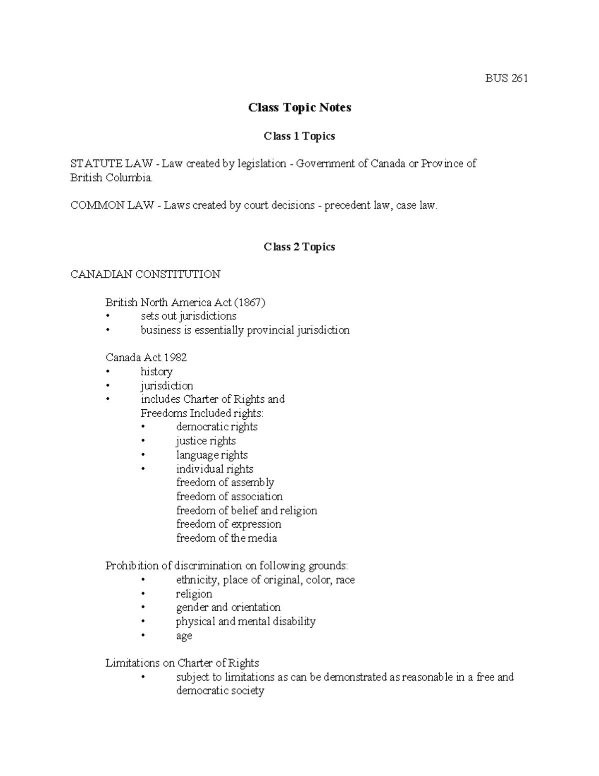 BUS 261 Class Notes: Statute & Common Law, Canadian Constitution - Studocu