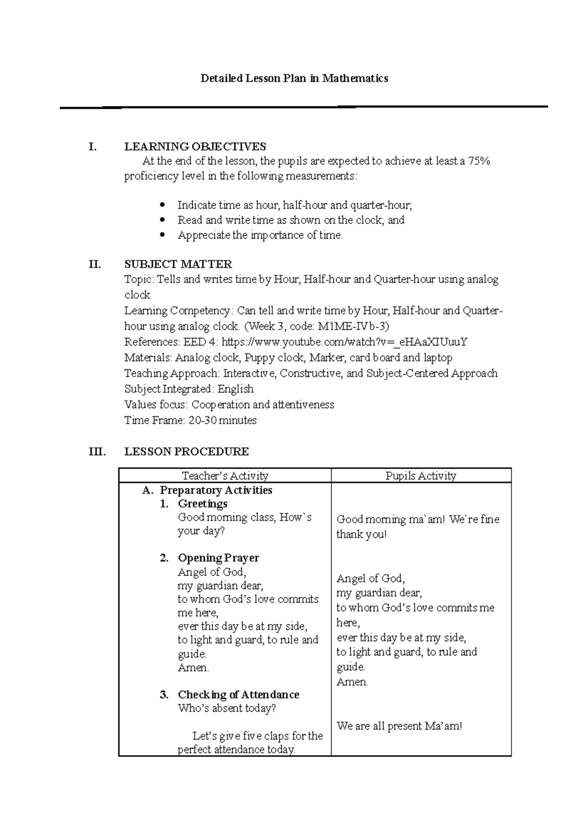 M1ME-IVb-3: Lesson Plan on Telling Time - Hour, Half-hour & Quarter ...